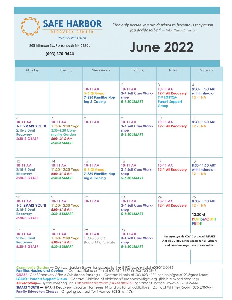 Safe Harbor Recovery Center – June 2022 Calendar - GRANITE PATHWAYS