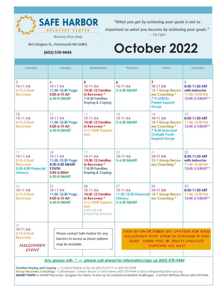 Safe Harbor Recovery Center – October 2022 Calendar - GRANITE PATHWAYS