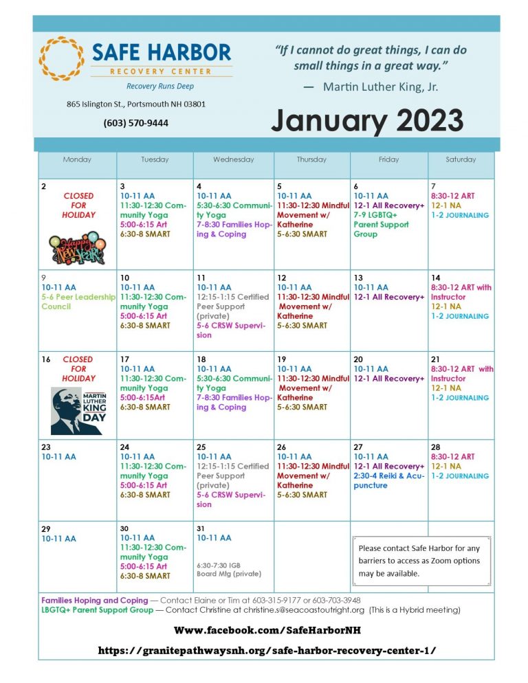 Safe Harbor Recovery Center – January 2023 Calendar - GRANITE PATHWAYS