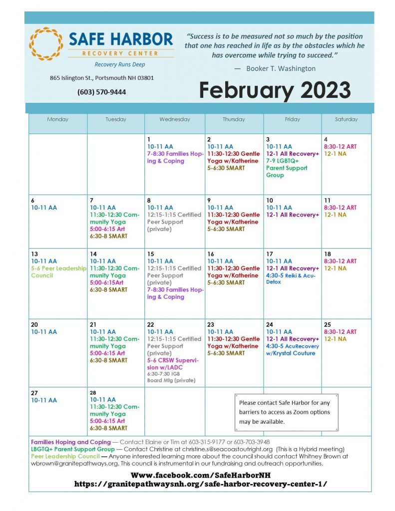 Safe Harbor Recovery Center – February 2023 Schedule - GRANITE PATHWAYS