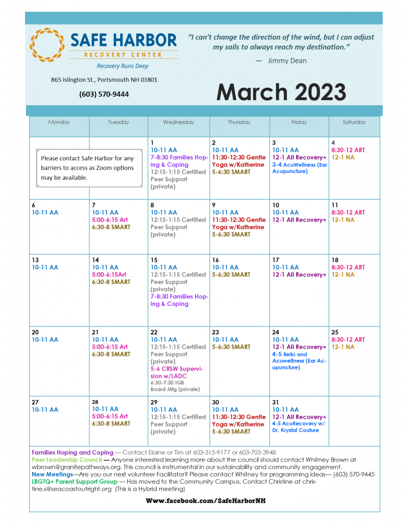 Safe Harbor Recovery Center – March 2023 Calendar - GRANITE PATHWAYS