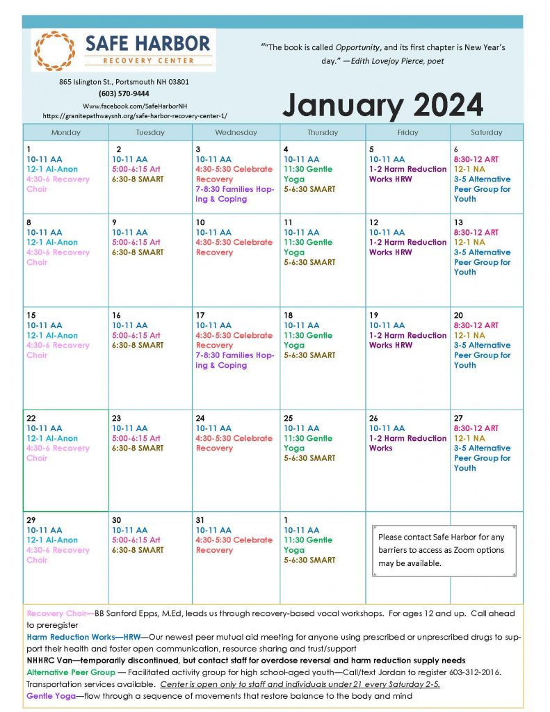 Safe Harbor Recovery Center – January 2024 Calendar - GRANITE PATHWAYS