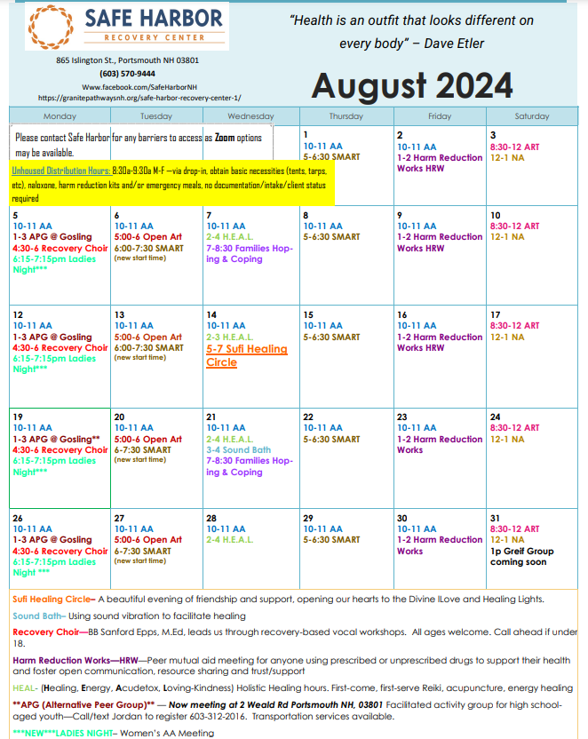 Safe Harbor Recovery Center – 2024 Calendar - GRANITE PATHWAYS